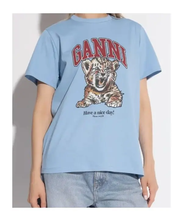 GANNI Short-sleeved Crewneck T-shirt With Logo Detail - Blue