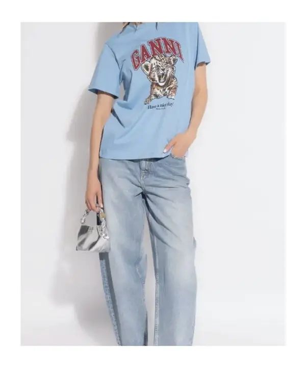 GANNI Short-sleeved Crewneck T-shirt With Logo Detail - Blue