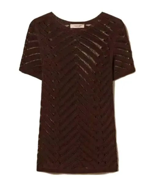 TWINSET Sheer Chevron Knit Top With Round Neck - Brown