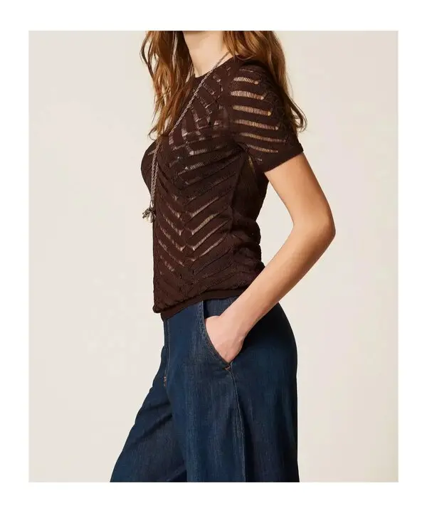TWINSET Sheer Chevron Knit Top With Round Neck