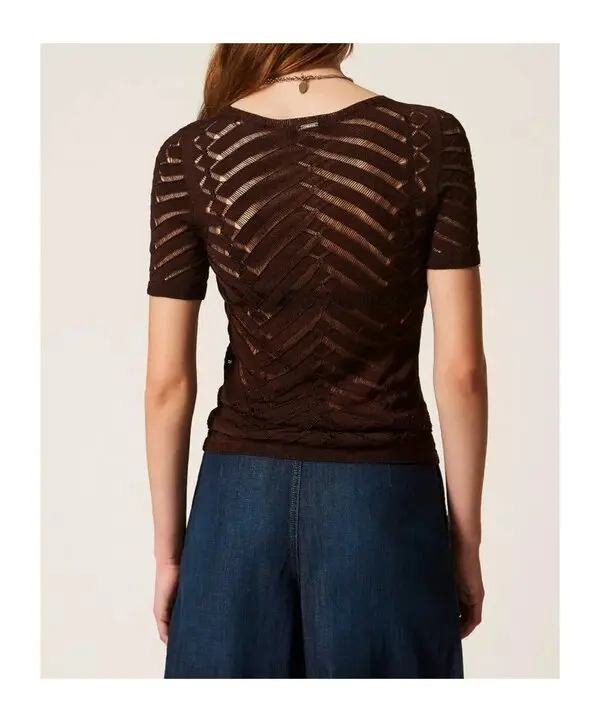 TWINSET Sheer Chevron Knit Top With Round Neck