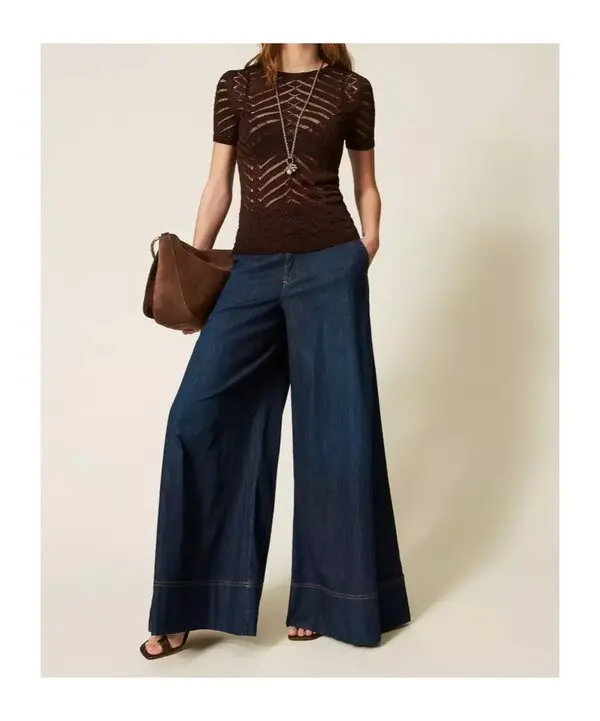 TWINSET Sheer Chevron Knit Top With Round Neck
