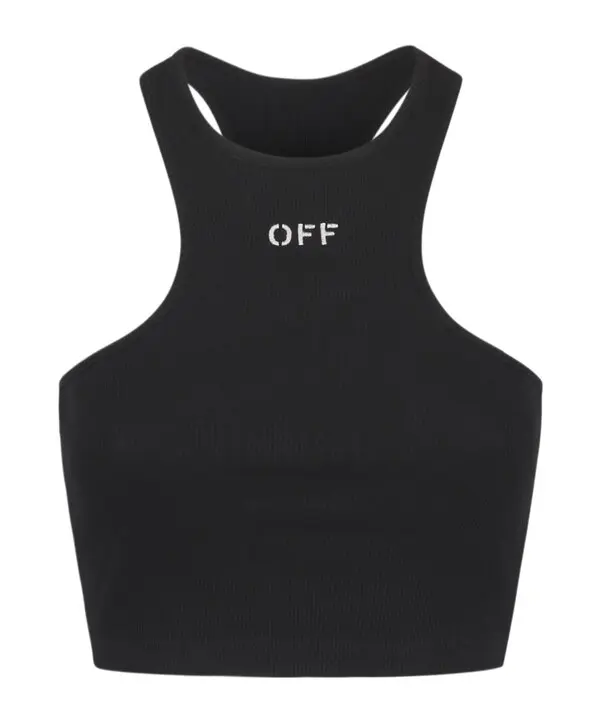 Off-White Ribbed Round Neck Rowing Top - Black
