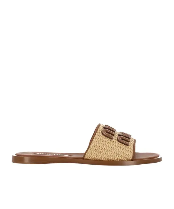 Miu Miu Round Toe Flat Sandals With Letter Detailing - Silver
