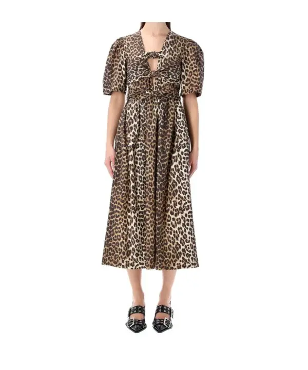 GANNI Short-sleeved Midi Dress With Leopard Print