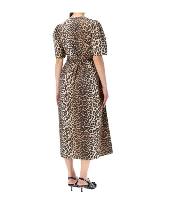 GANNI Short-sleeved Midi Dress With Leopard Print