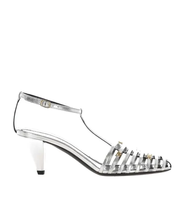 Celine Cage Heeled Sandal In Laminated Lambskin - Silver