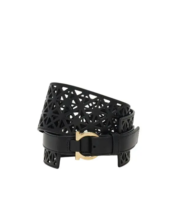 FERRAGAMO Geometric Pattern Leather Belt With Gancini Buckle - Black