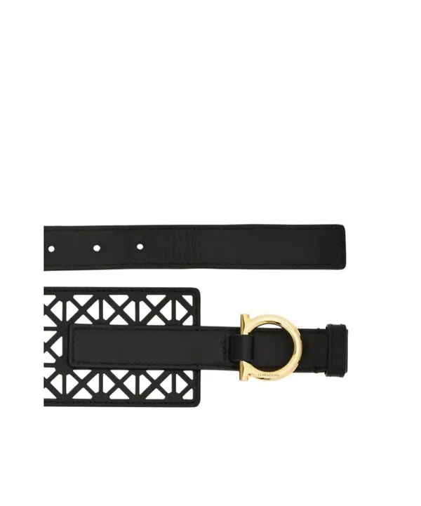 FERRAGAMO Geometric Pattern Leather Belt With Gancini Buckle