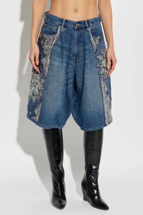 R13 Denim Shorts With Paisley Appliqu