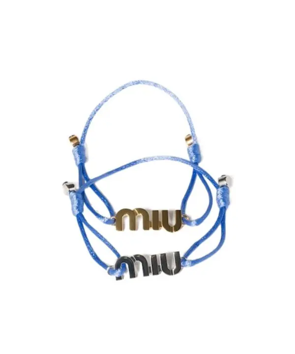 Miu Miu Cord And Metal Logo Bracelets - Steel Gray/gold/light Blue
