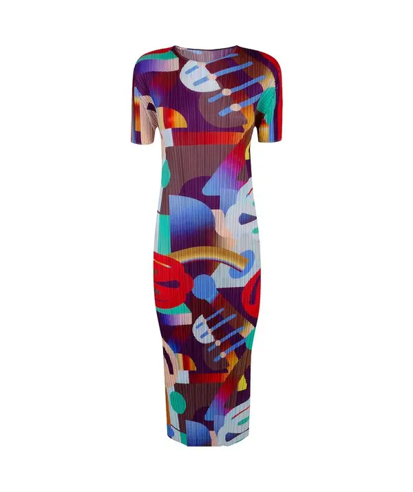 PLEATS PLEASE BY ISSEY MIYAKE Printed Pleated Round Neck Short Sleeve Dress - Red