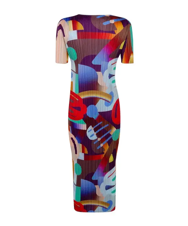 PLEATS PLEASE BY ISSEY MIYAKE Printed Pleated Round Neck Short Sleeve Dress