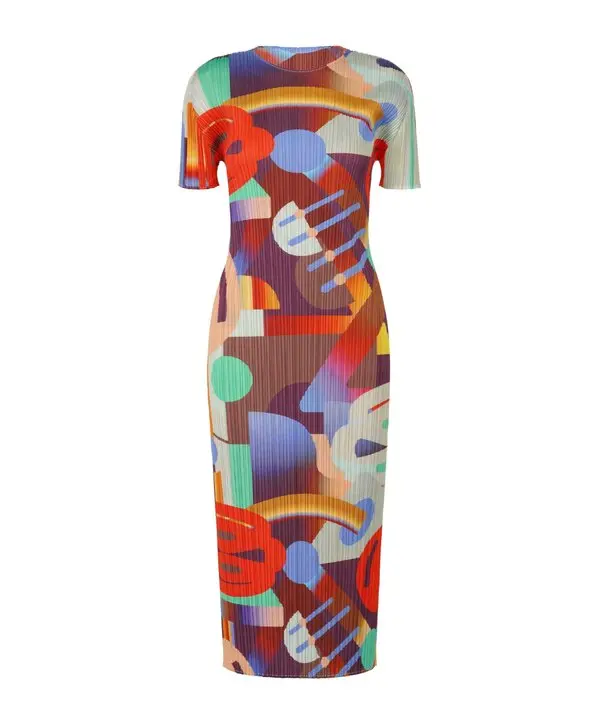 Issey Miyake Printed Pleated Round Neck Short Sleeve Dress - Red