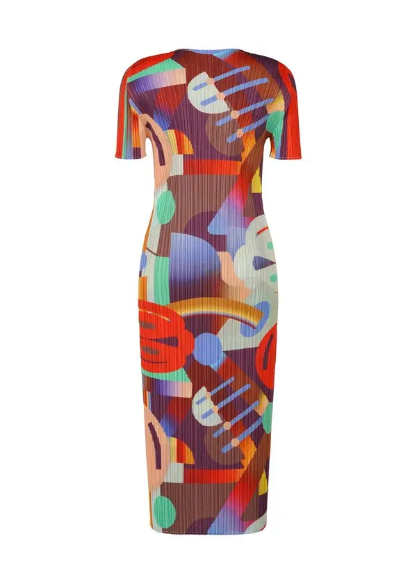 Issey Miyake Printed Pleated Round Neck Short Sleeve Dress