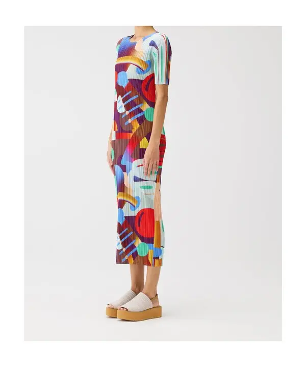 Issey Miyake Printed Pleated Round Neck Short Sleeve Dress