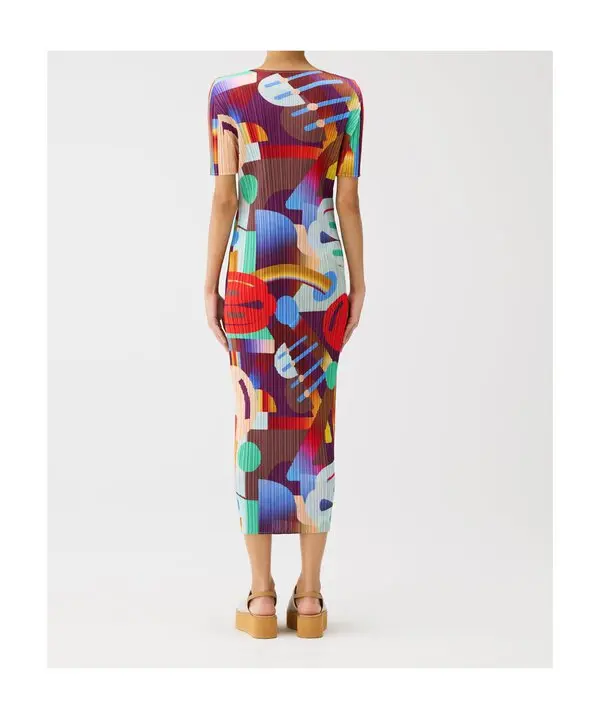 Issey Miyake Printed Pleated Round Neck Short Sleeve Dress