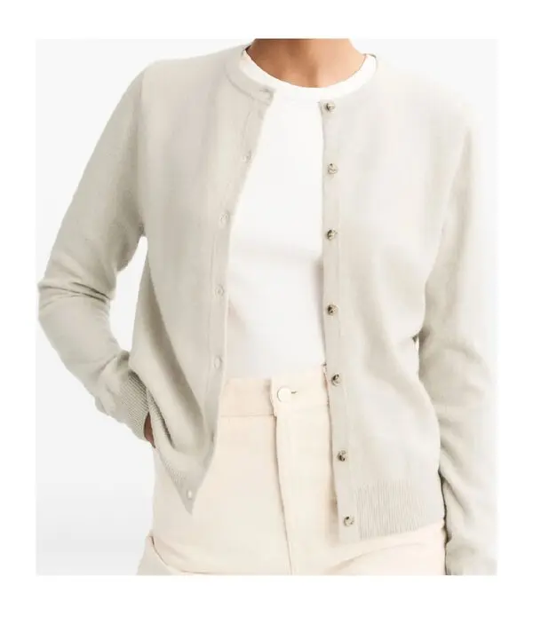 Soft Goat Round Neck Long-sleeved Cardigan - Chalk