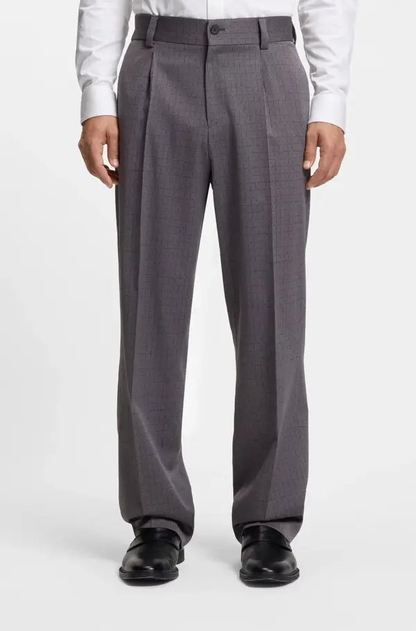 Hugo Boss Belted Casual Pants With Button Placket - Gray Pattern