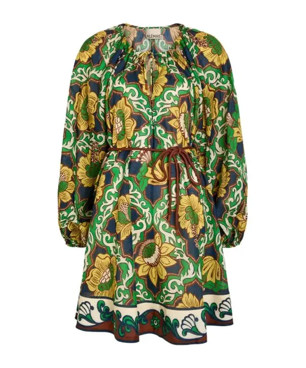 ALEMAIS Floral Print Round Neck Lantern Sleeve Dress - Multicolor