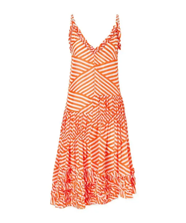 Dries Van Noten Ruffled Asymmetric Striped Cotton Midi Dress