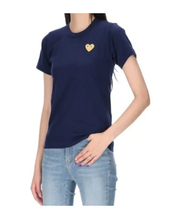 Play Comme Des Garcon Navy Round Neck T-shirt With Yellow Heart Logo - Blue