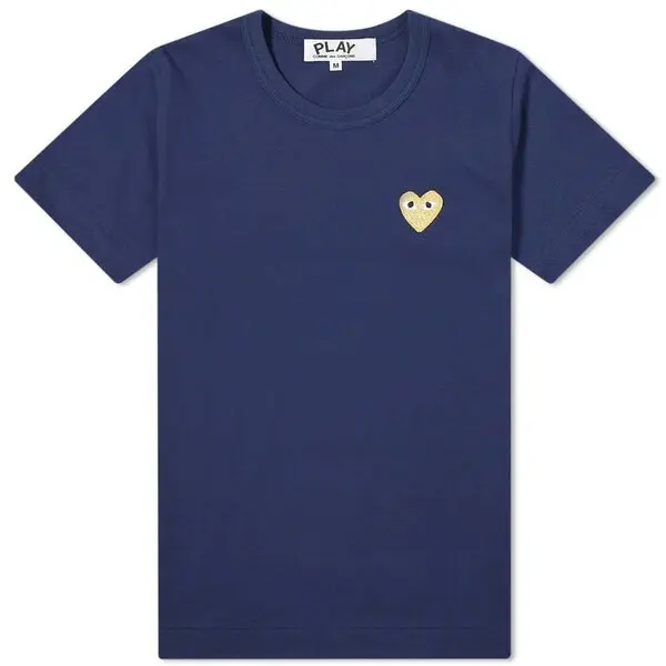 Play Comme Des Garcon Navy Round Neck T-shirt With Yellow Heart Logo - No