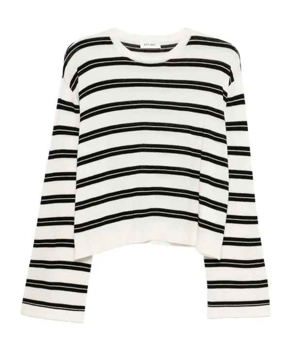 Soft Goat Striped Crew Neck Long Sleeve Knitwear - White