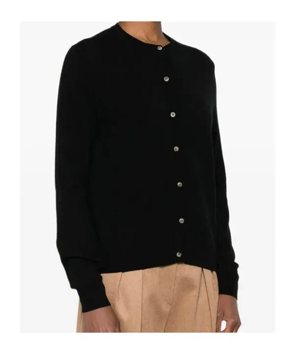 Soft Goat Crew Neck Fine Knit Cardigan - Black