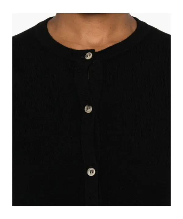Soft Goat Crew Neck Fine Knit Cardigan - Black