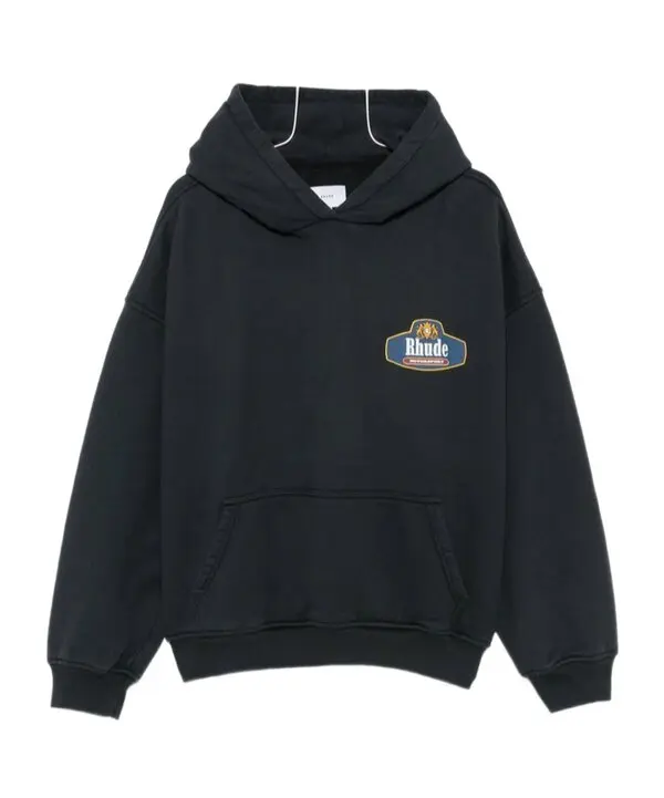 Rhude Logo Printed Long Sleeved Hoodie - Black
