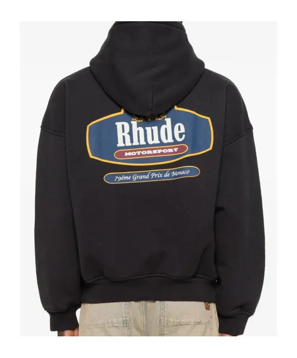 Rhude Logo Printed Long Sleeved Hoodie - Black