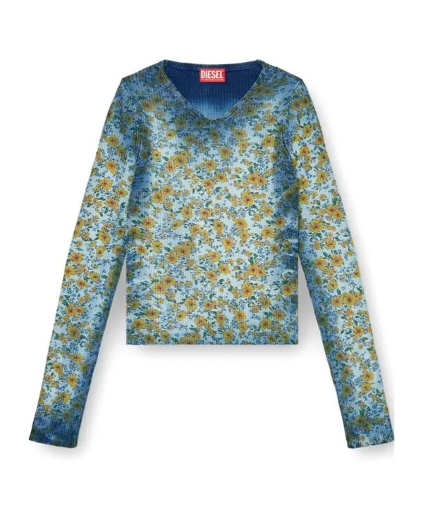 DIESEL® Ribbed Floral Long-sleeve V-neck Sweater