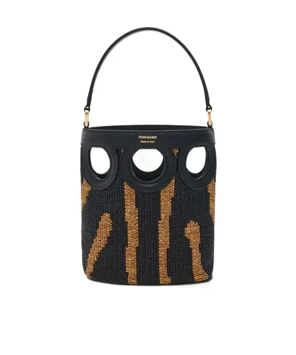 FERRAGAMO Gancini Outline Bucket Bag - Natural Brown/black