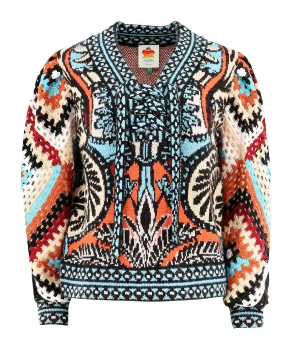 Farm Rio Crochet Construction V-neck Sweater With Tie Neck