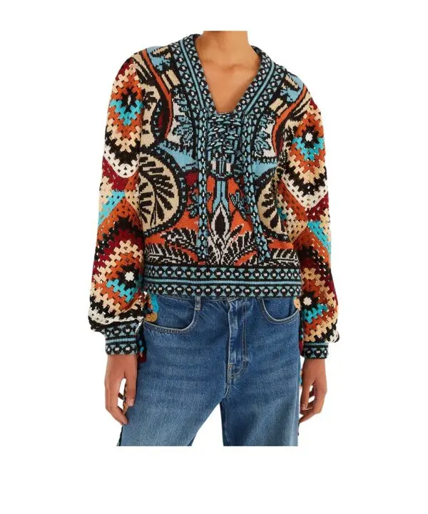 Farm Rio Crochet Construction V-neck Sweater With Tie Neck