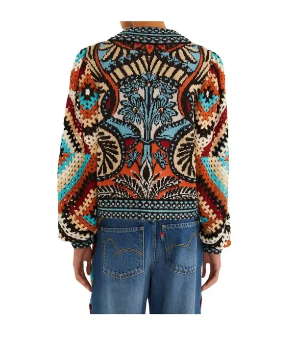 Farm Rio Crochet Construction V-neck Sweater With Tie Neck