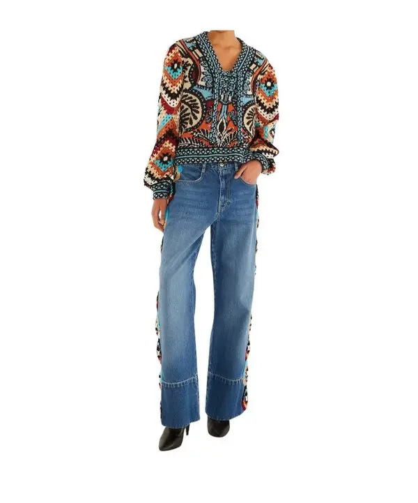 Farm Rio Crochet Construction V-neck Sweater With Tie Neck