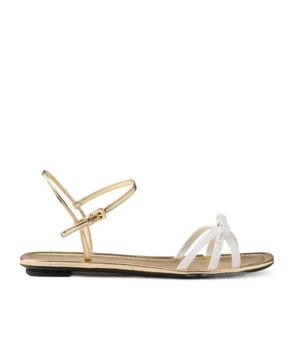 Prada Flat Patent And Metallic Leather Sandals With Bow Detailing - White