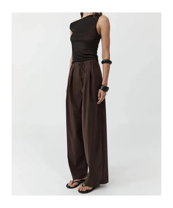 ST. AGNI Elastic Waist Pleated Wide-leg Trousers - Black