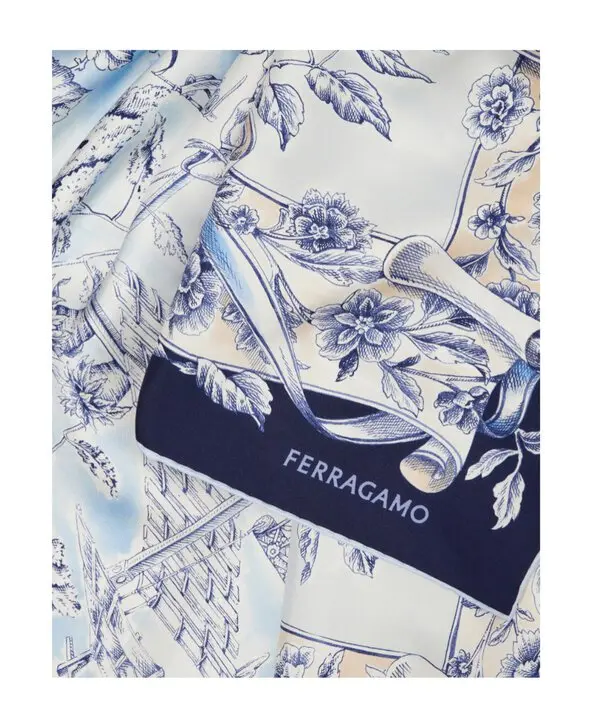 FERRAGAMO Floral Motif Satin Scarf - Blue