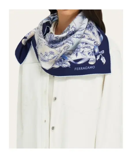 FERRAGAMO Floral Motif Satin Scarf - Blue