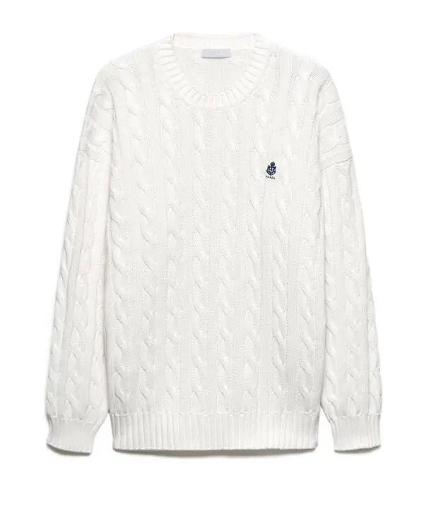 Prada Embroidered Cable Knit Crewneck Jumper - White