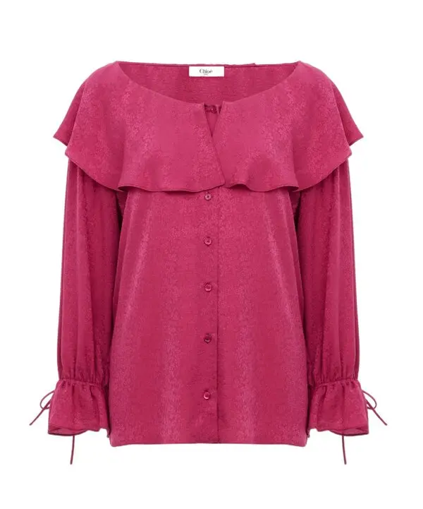 Chloé Round Neck Ruffled Silk Blouse - Deep Ruby Red