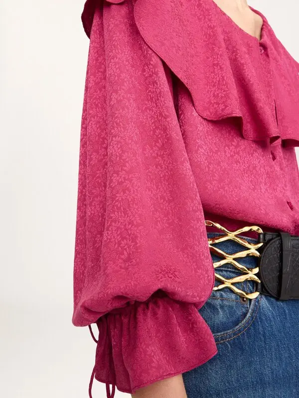 Chloé Round Neck Ruffled Silk Blouse - Deep Ruby Red
