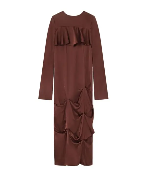 GANNI Draped Long-sleeve Maxi Dress With Ruffles - Brown
