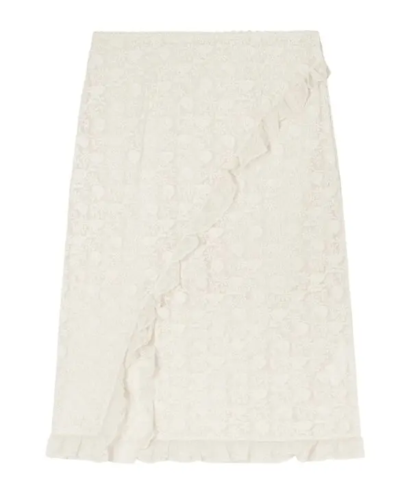 DÔEN Aurella Ruffled Embroidered Midi Skirt - Off White