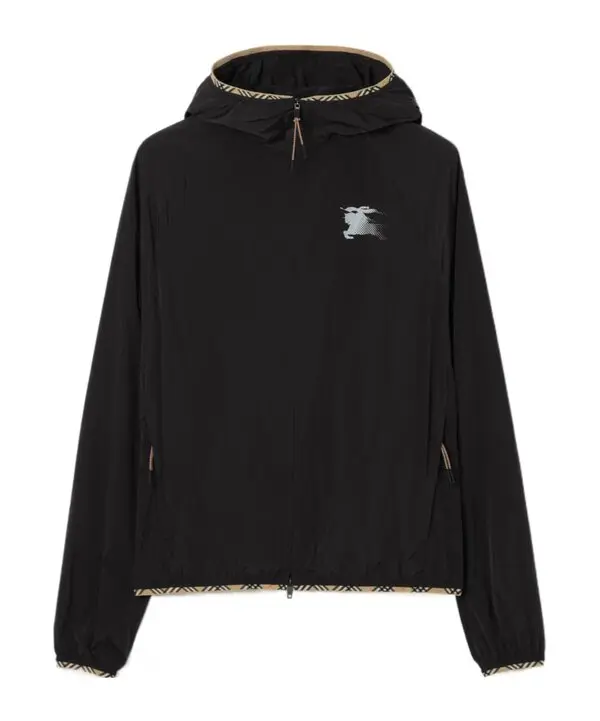 Burberry Hooded Zip-up Jacket With Check Trim - Black