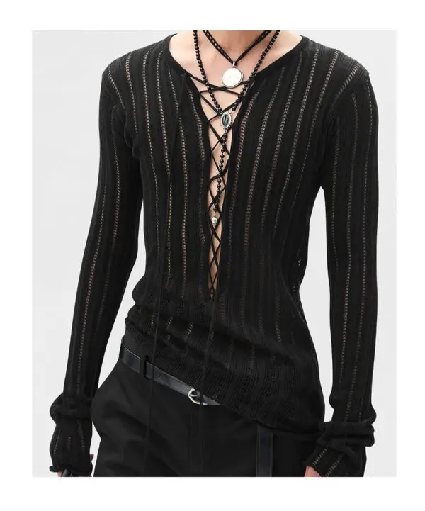 ANN DEMEULEMEESTER Open Rib Lace-up Serafino Knit Top