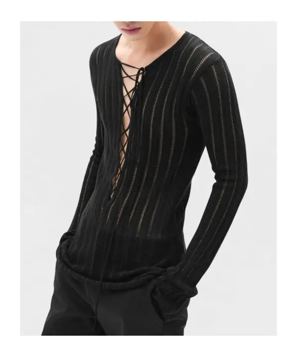 ANN DEMEULEMEESTER Open Rib Lace-up Serafino Knit Top
